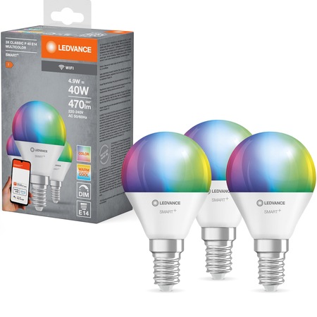 Set 3 becuri inteligente LED RGBW Ledvance SMART+ Wi-Fi, P40, E14, 4.9W (40W), 470 lm, dimabil ...