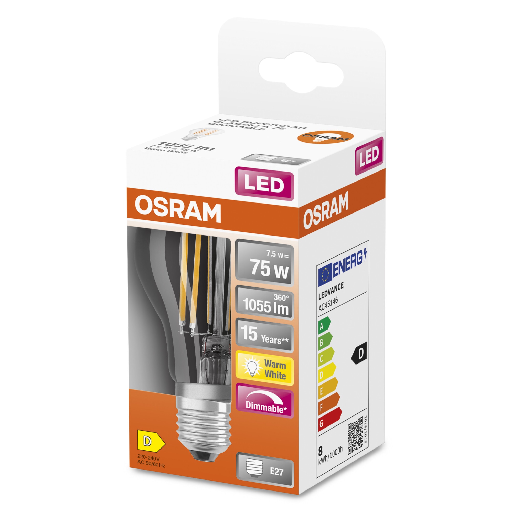 Bec LED Osram Superstar filament, A75, E27, 7.5W (75W), dimabil, 1055 lm, lumina calda (2700K ...