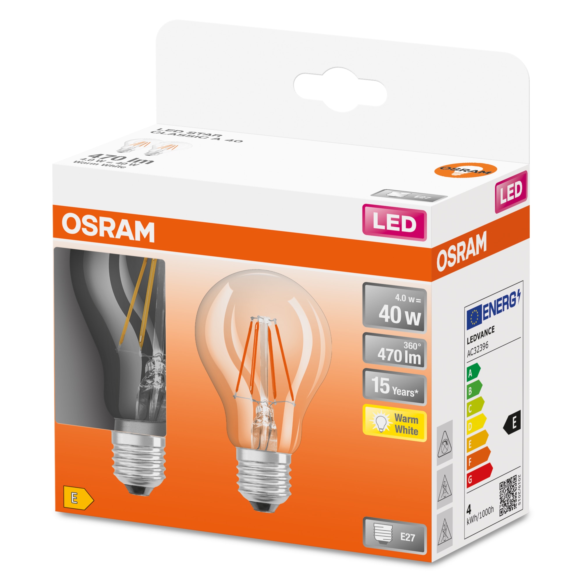 Set 2 becuri LED Osram Star filament, A40, E27, 4W (40W), 470 lm, lumina calda (2700K), clasa ...
