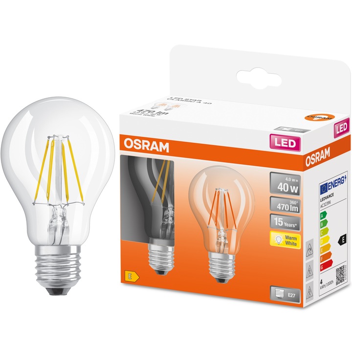 Set 2 becuri LED Osram Star filament, A40, E27, 4W (40W), 470 lm, lumina calda (2700K), clasa ...