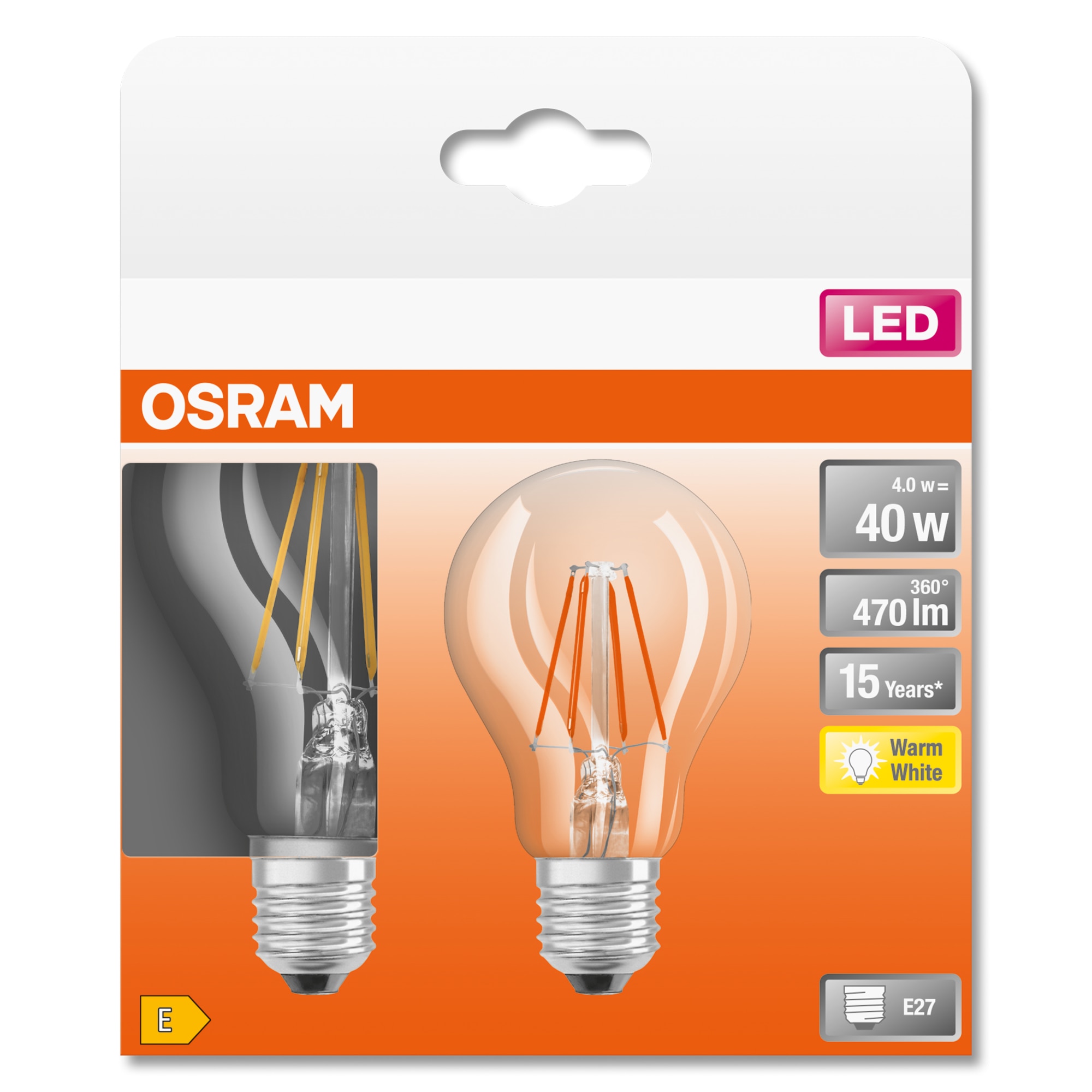 Set 2 becuri LED Osram Star filament, A40, E27, 4W (40W), 470 lm, lumina calda (2700K), clasa ...