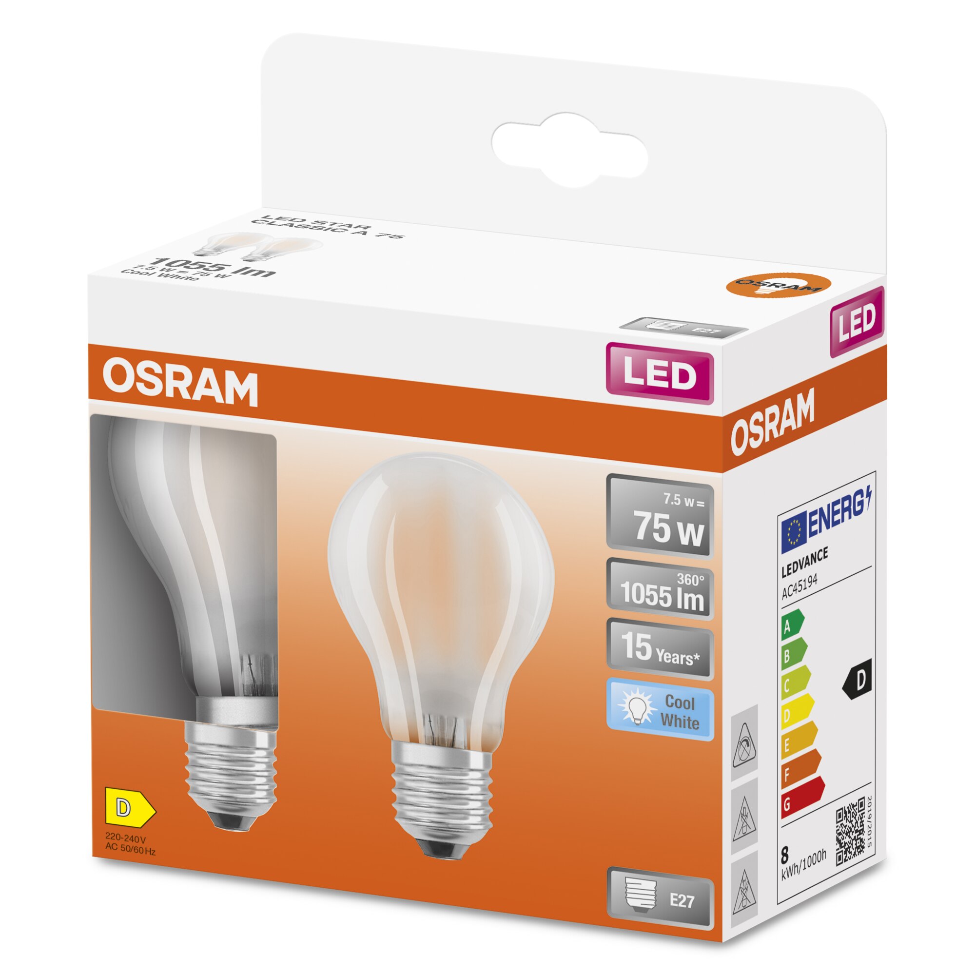 Set 2 becuri LED Osram Star, A75, E27, 7.5W (75W), 1055 lm, lumina neutra (4000K), clasa ...