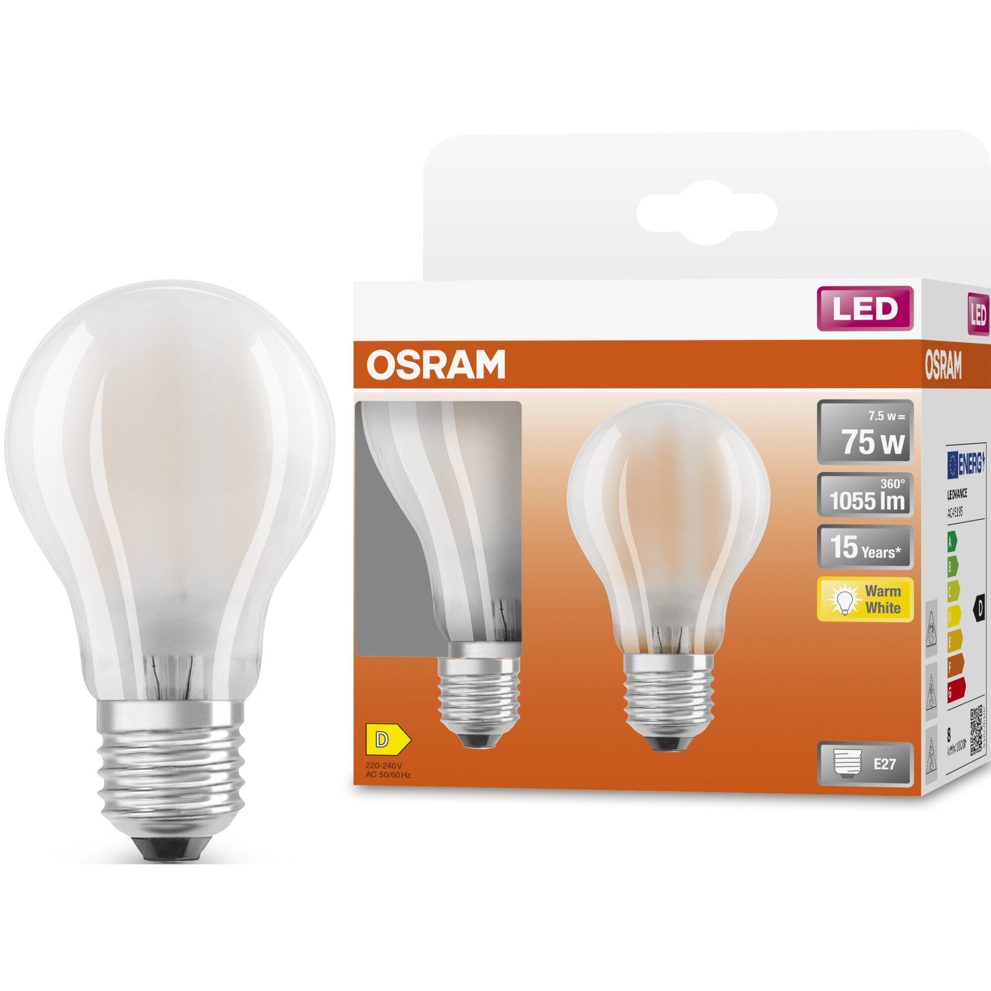 Set 2 becuri LED Osram Star, A75, E27, 7.5W (75W), 1055 lm, lumina calda (2700K), clasa ...