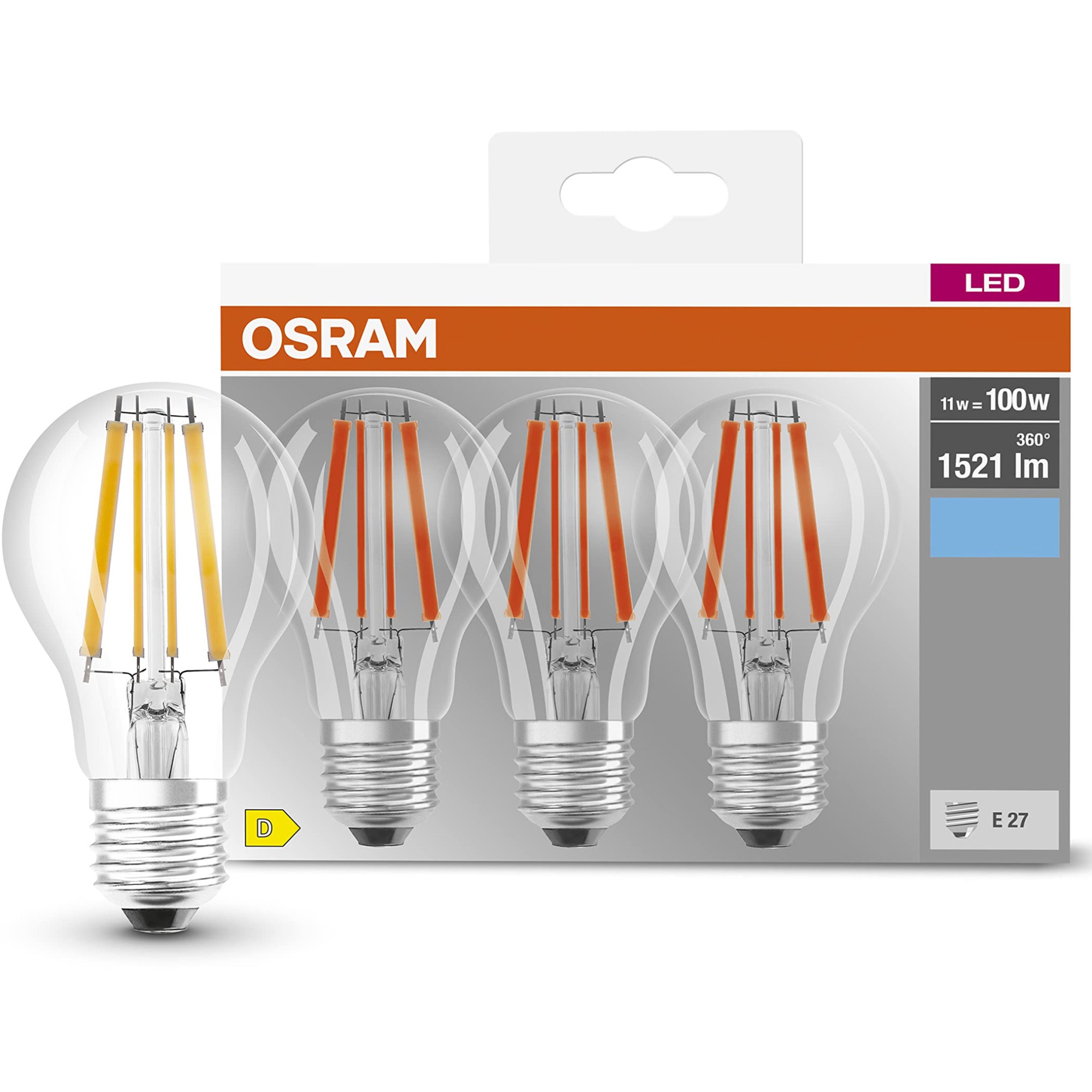 Set 3 becuri LED Osram Base filament, A100, E27, 11W (100W), 1521 lm, lumina calda (2700K ...
