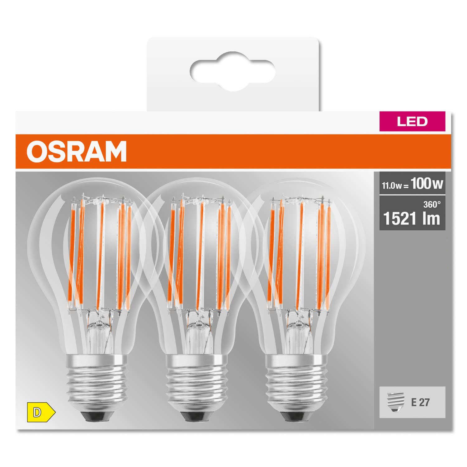 Set 3 becuri LED Osram Base filament, A100, E27, 11W (100W), 1521 lm ...