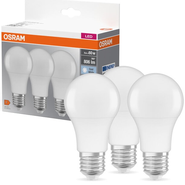 Set 3 becuri LED Osram Base, A60, E27, 8.5W (60W), 806 lm, lumina neutra (4000K), clasa ...