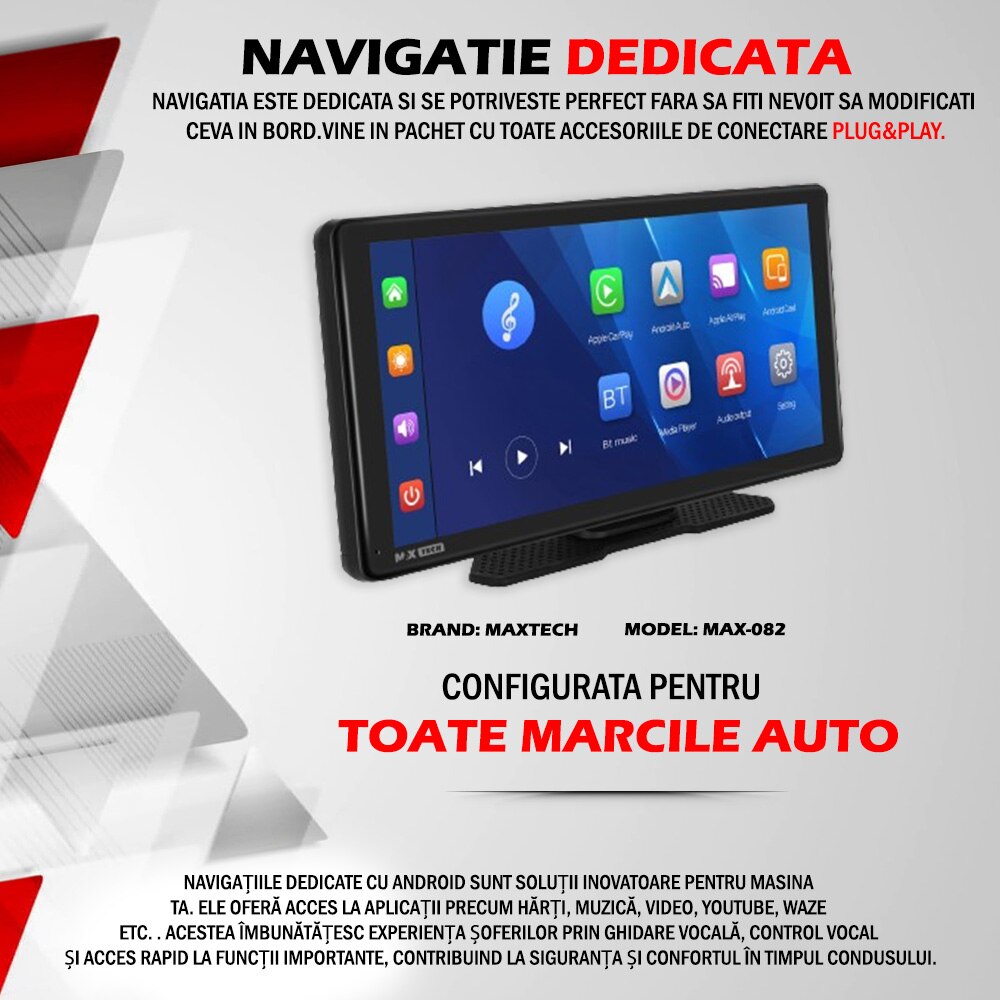 Navigatie Auto Portabila Wireless Carplay & Android MaxTech®, GPS ...