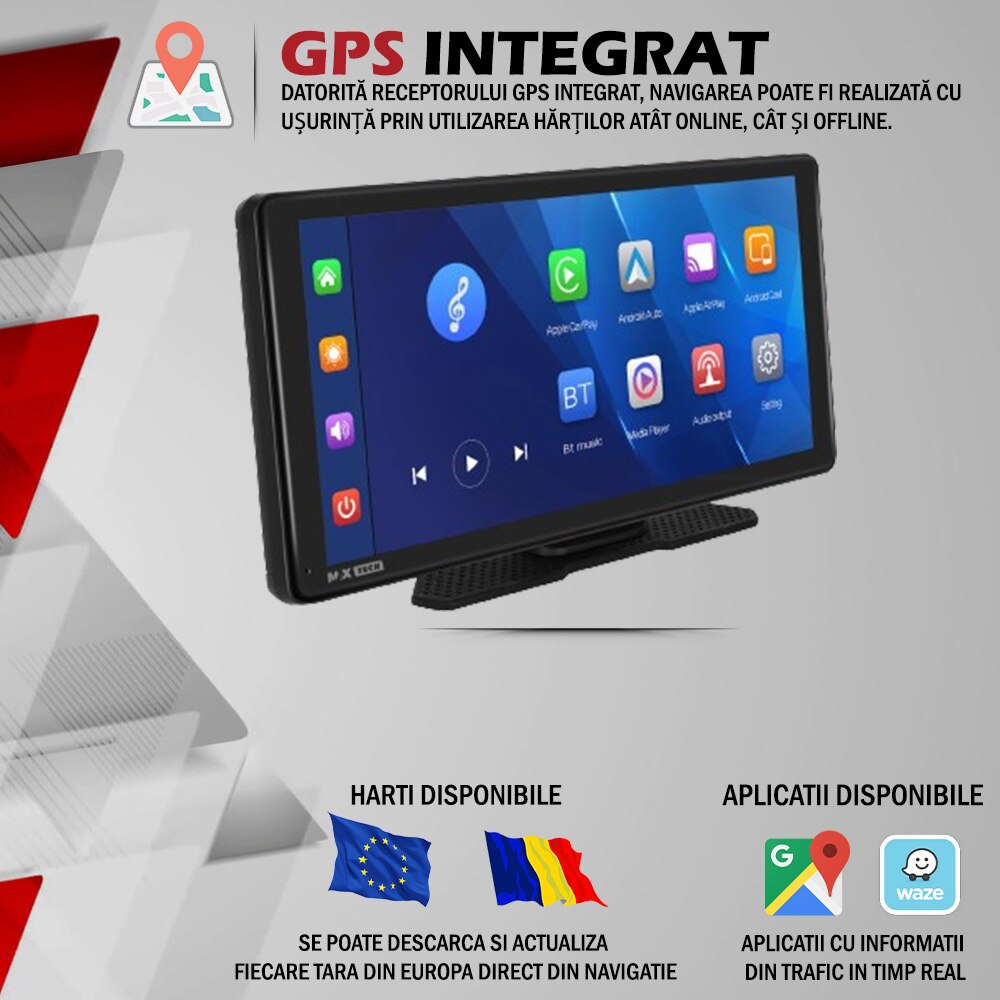 Navigatie Auto Portabila Wireless Carplay & Android MaxTech®, GPS, Ecran tactil de 10 "36 ...