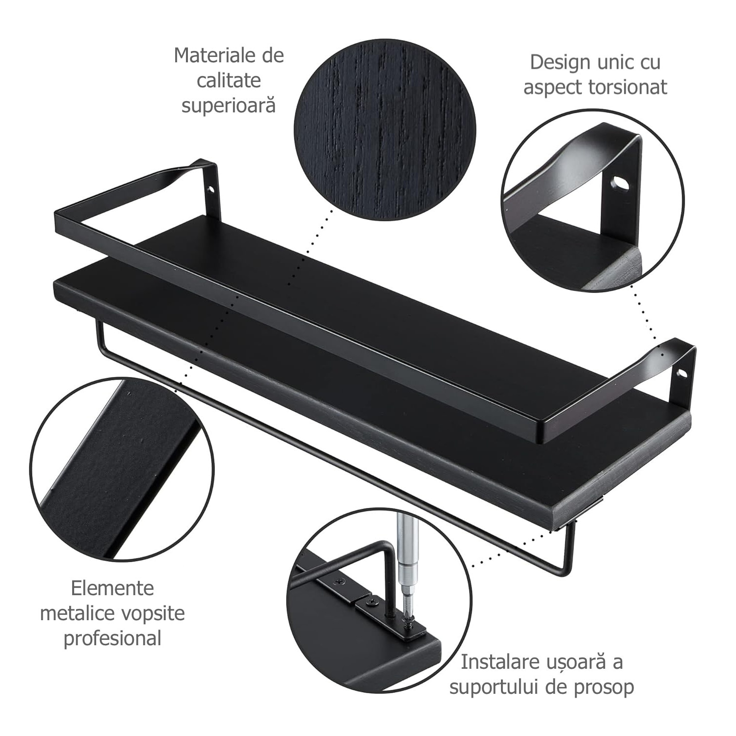 Set 2 Rafturi Perete cu Consola Metalica, Negru, 60 x 15 x 8 cm - eMAG.ro