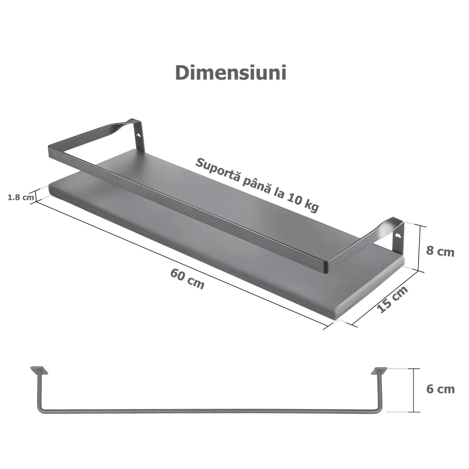 Set 2 Rafturi Perete cu Consola Metalica, Gri, 60 x 15 x 8 cm - eMAG.ro