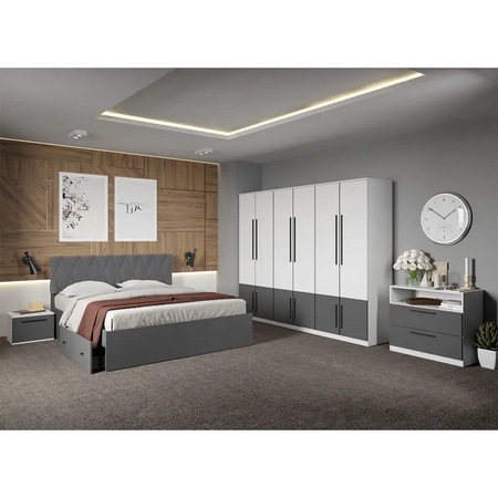 Set dormitor complet, Alb cu Gri, Sidney, C49, Pat 160x200, Dulap ...