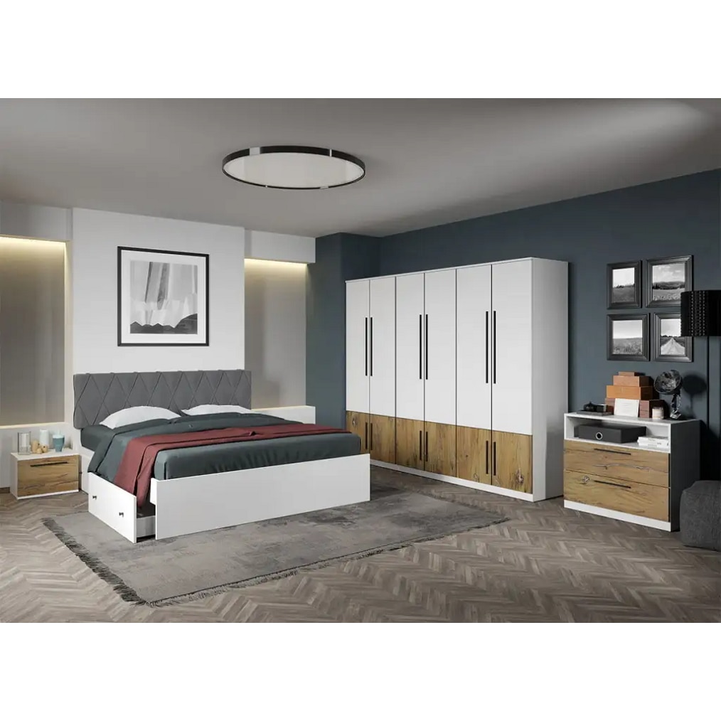 Set dormitor complet, Alb cu Flagstaff Oak, Sidney, C53, Pat 160x200 ...
