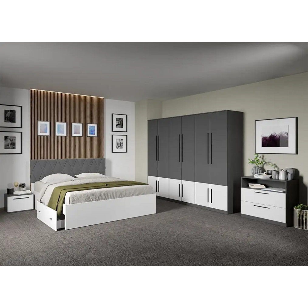 Set dormitor complet, Gri cu Alb, Sidney, C57, Pat 160x200, Dulap 6u ...