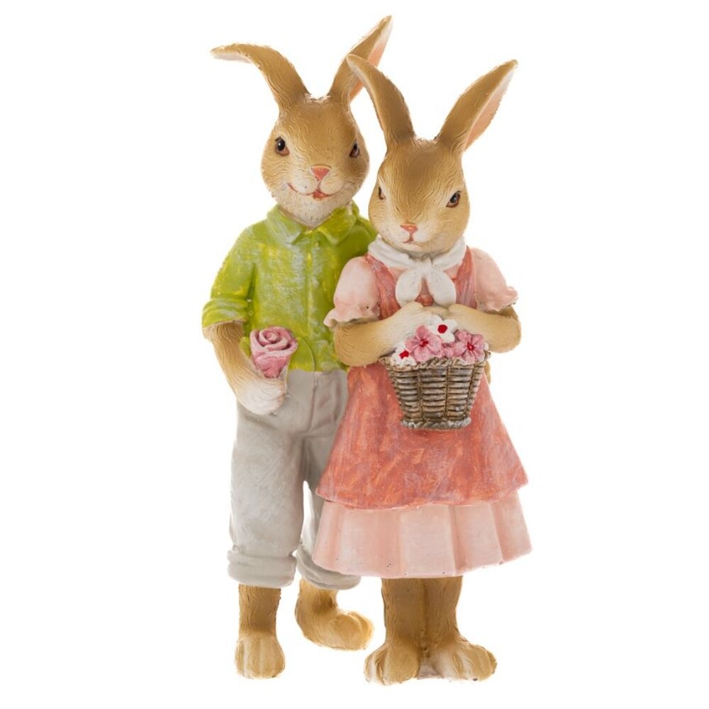 Decoratiune Pasti cuplu de iepurasi cu flori 7 x 4 x 14 cm - eMAG.ro
