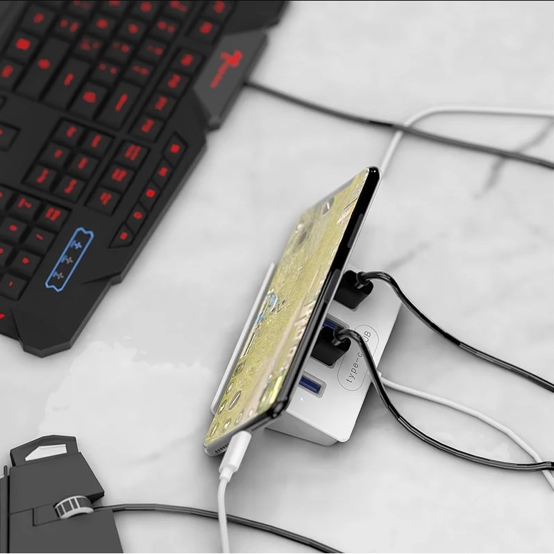 Hub USB 4 in 1 USB + Micro USB cu Stand pentru Telefon si Adaptor USB ...