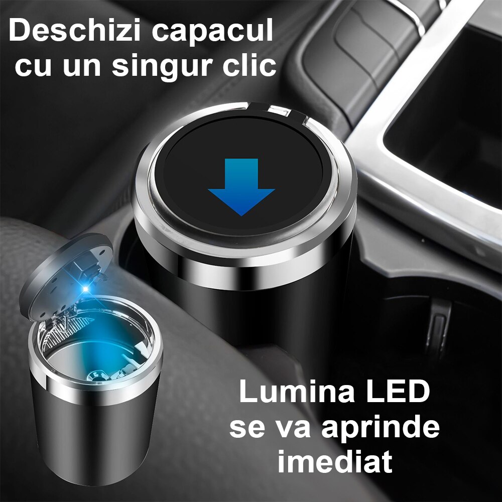 Scrumiera, pentru auto, lumina led, detasabila, capacitate 60 mucuri de ...