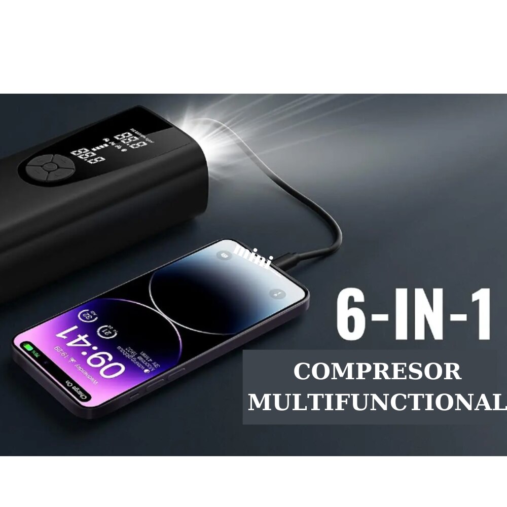 Mini Compresor Portabil, 6000 mAh, 150 PSI, 6 in 1: Lanterna Integrata ...