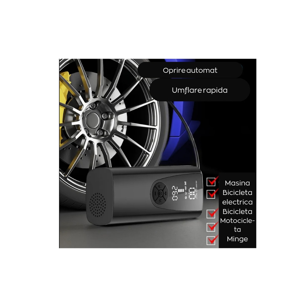 Mini Compresor Portabil, 6000 mAh, 150 PSI, 6 in 1: Lanterna Integrata ...