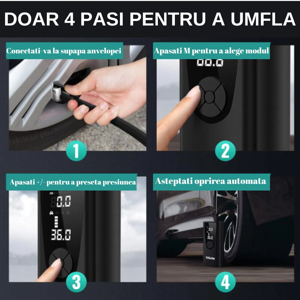 Mini Compresor Portabil, 6000 mAh, 150 PSI, 6 in 1: Lanterna Integrata ...
