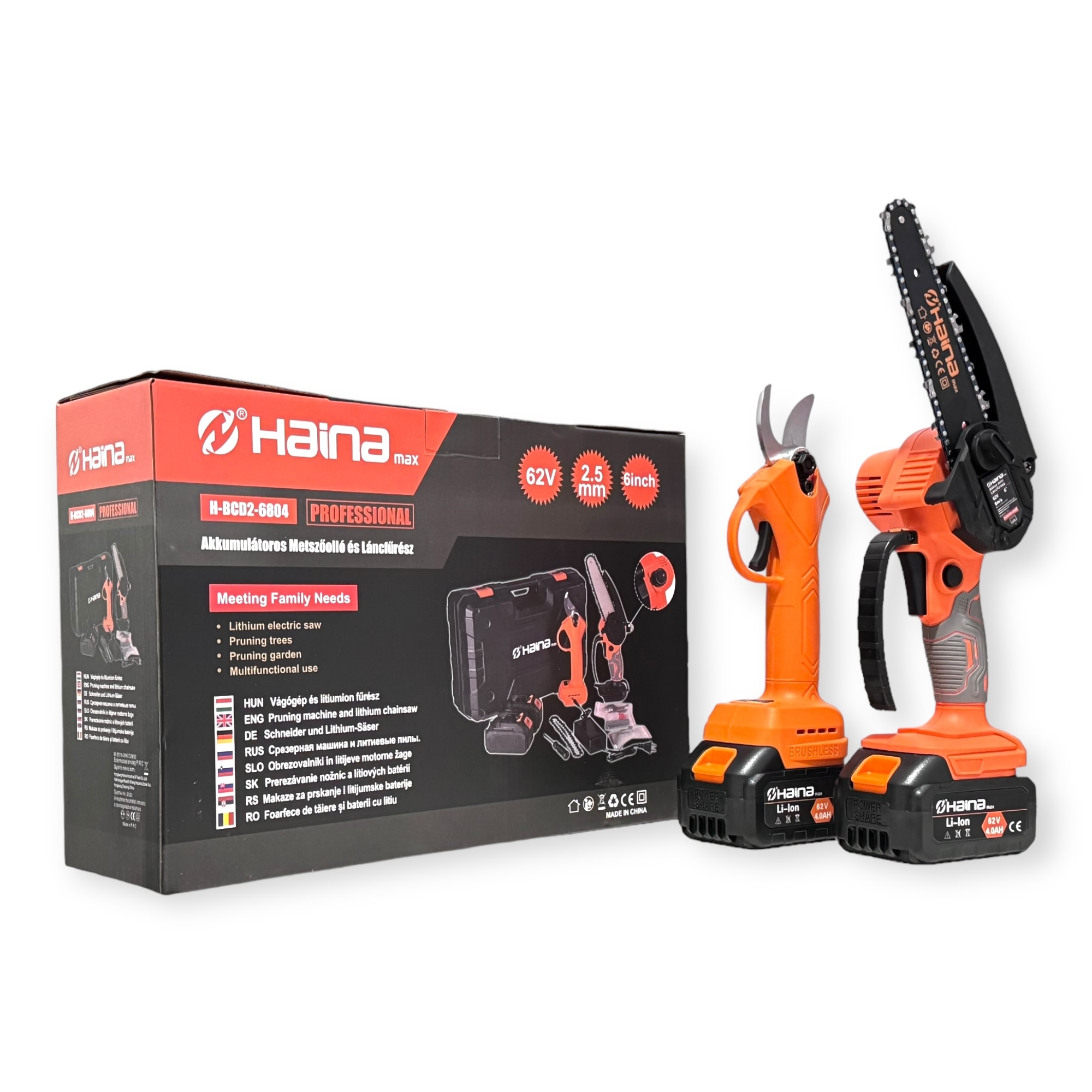 Haina Dupla Akkumlátoros Olajzós Láncfűrész És Metszőolló 62V H-BCD2 ...