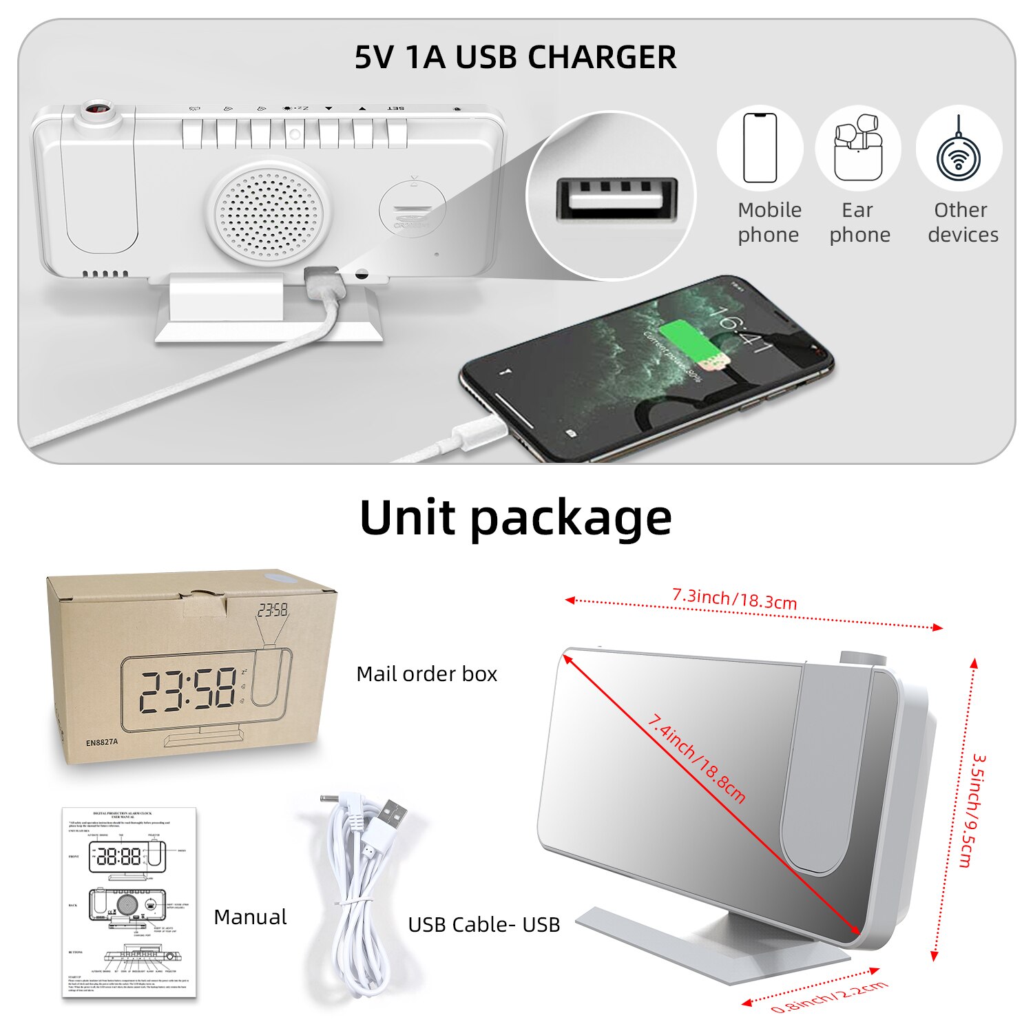 Ceas digital LED cu proiectie ora pe tavan/perete, Alarma duala, Port ...