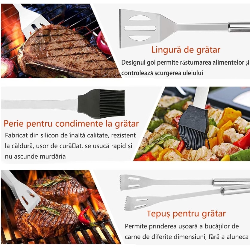 Set 25 ustensile de gratar, Inox, Termometru digital, Negru/Argintiu ...
