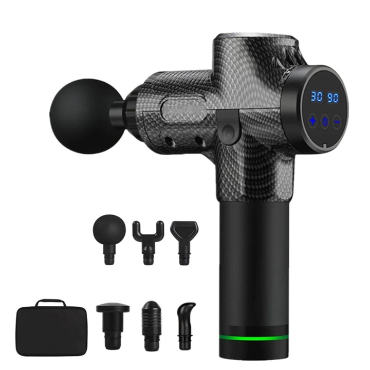 Aparat de masaj tip pistol, 30 viteze, 3200 percutii, 2500mAh, 6 capete ...