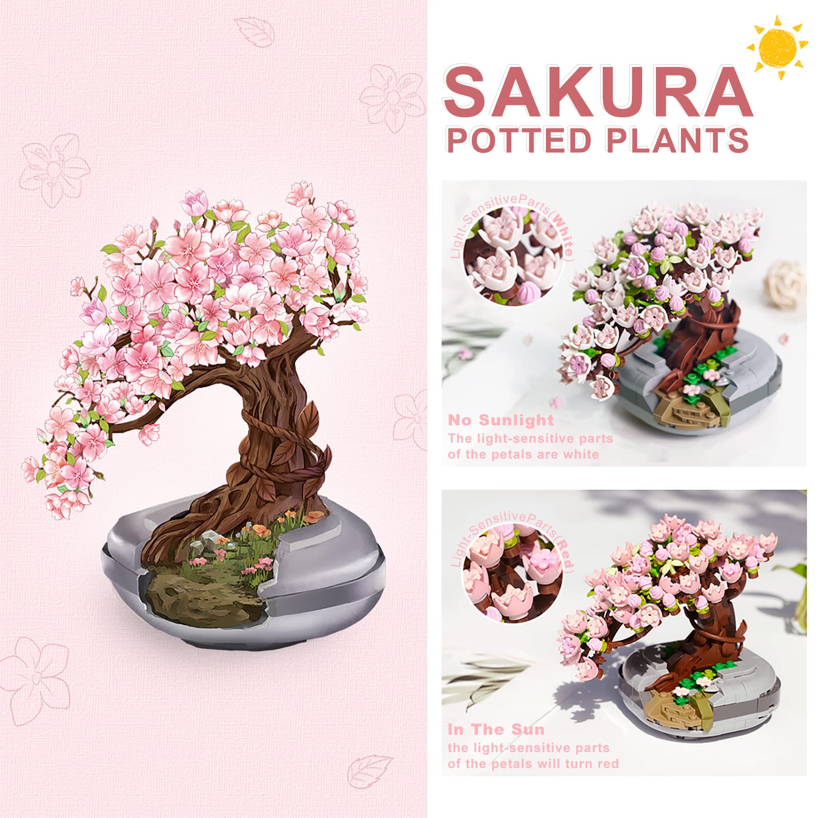Sakura Bonsai Modell Mini Bricks, WALALLA, 426db, Barkács szimulációs Virág Kreatív Blocks ...