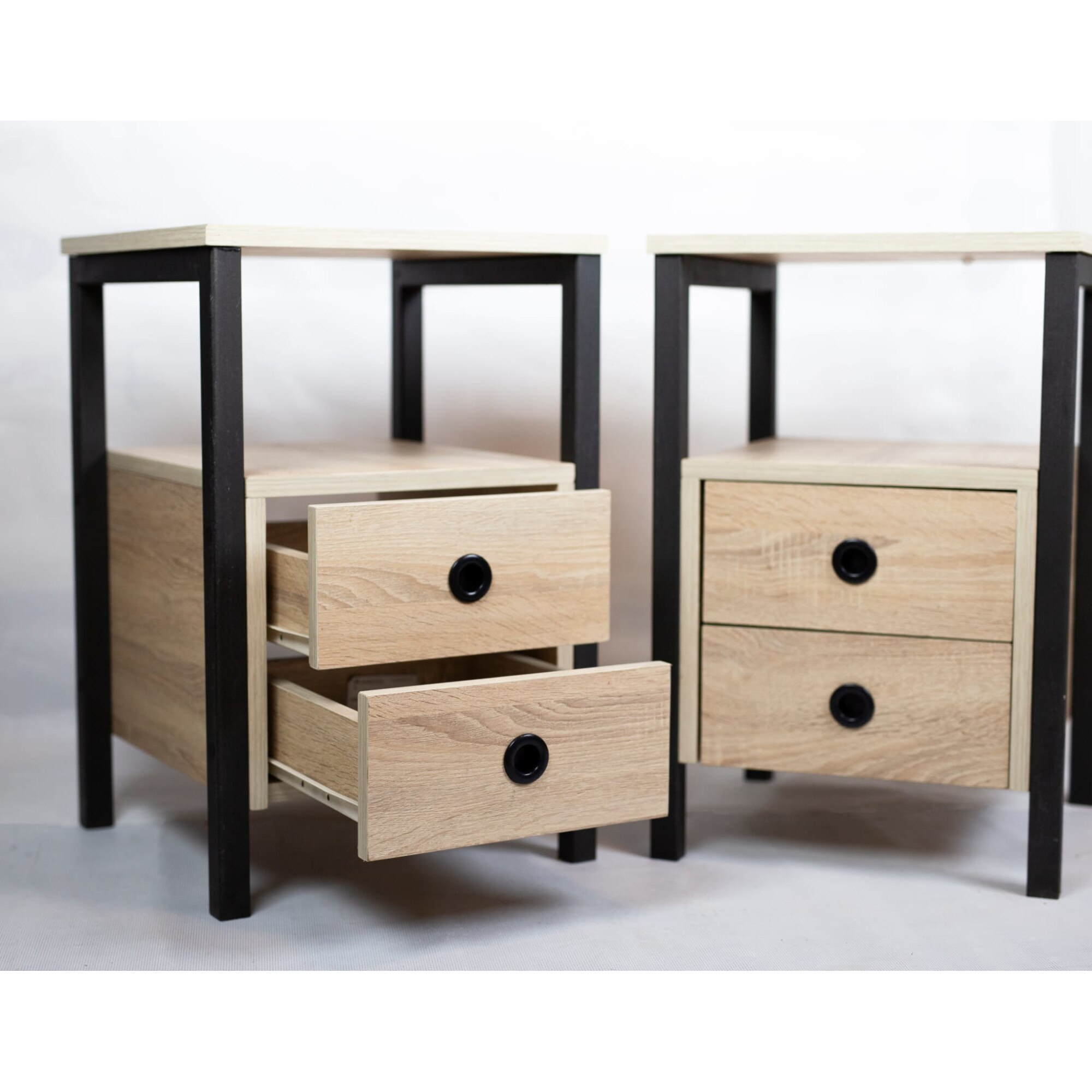Set 2 x Noptiere cu cadru metalic, 2 sertare si raft superior, 40 x 40 ...