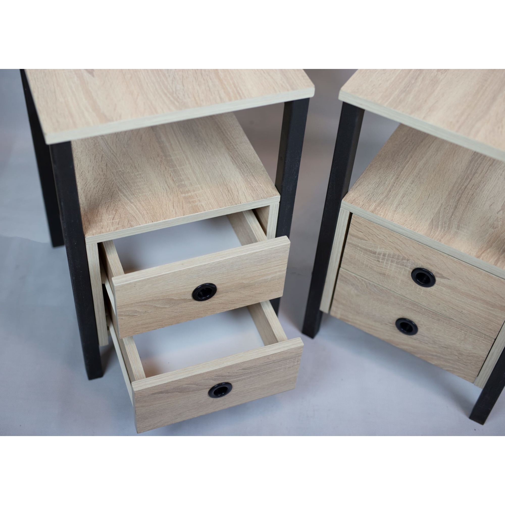 Set 2 x Noptiere cu cadru metalic, 2 sertare si raft superior, 40 x 40 ...