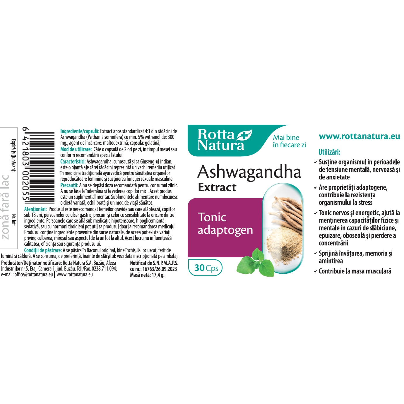 Supliment alimentar Ashwangandha Extract, Rotta Natura, 30 capsule ...