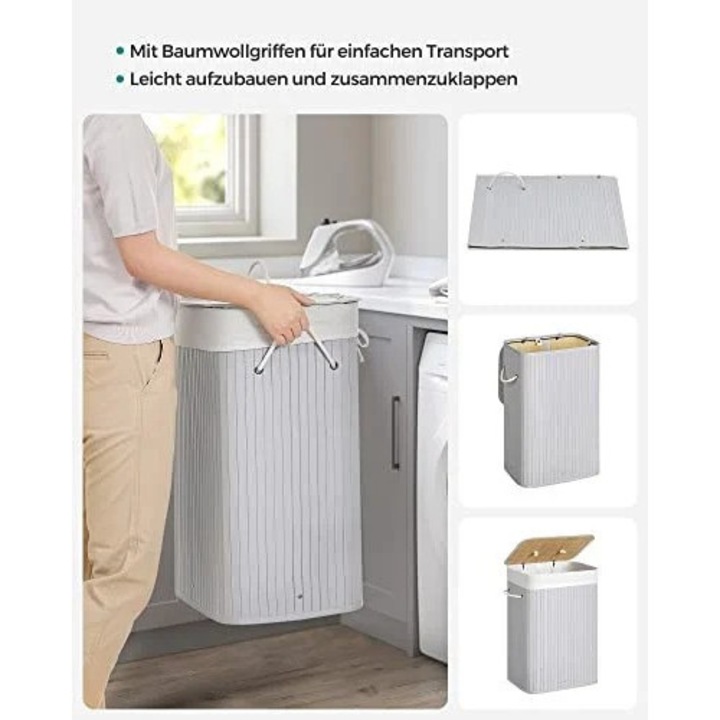 Cos de Rufe cu Capac si Sac Interior, Bambus, Gri, Vasagle, LCB010G01 ...