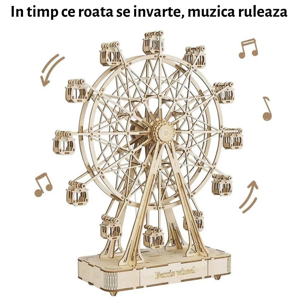 Puzzle 3D Roata Ferris, Cutie muzicala, componente din lemn, 338 x 283 ...