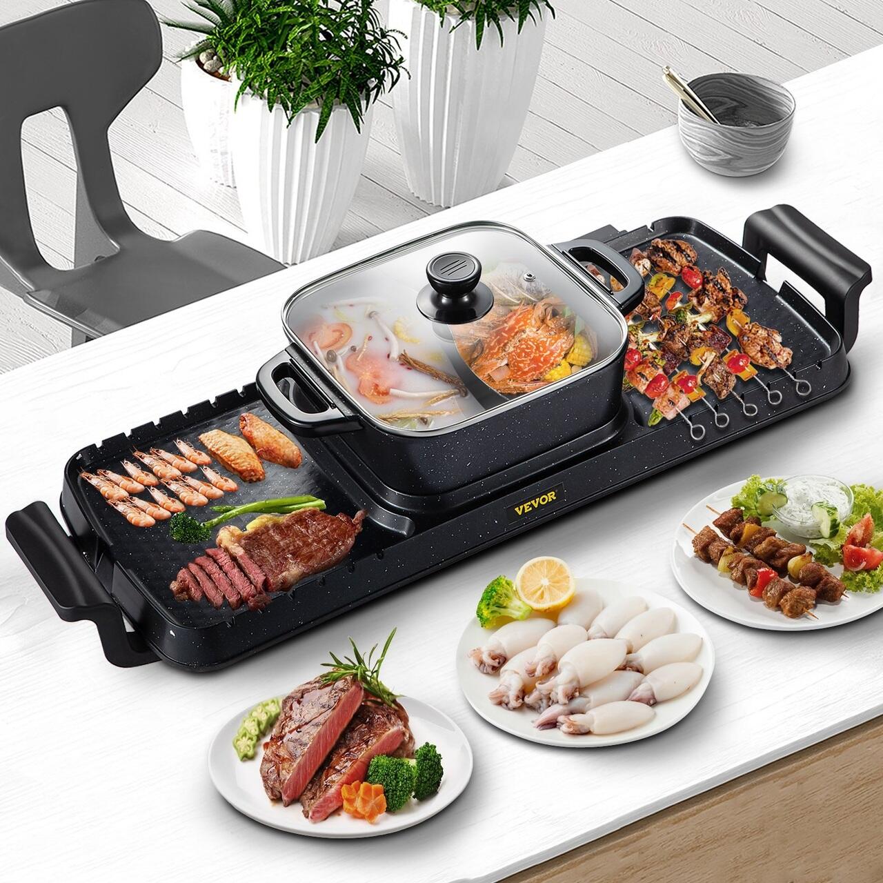 Grill electric 2 in 1 cu oala, Vevor 2400 W BBQ Teppanyaki cu control ...