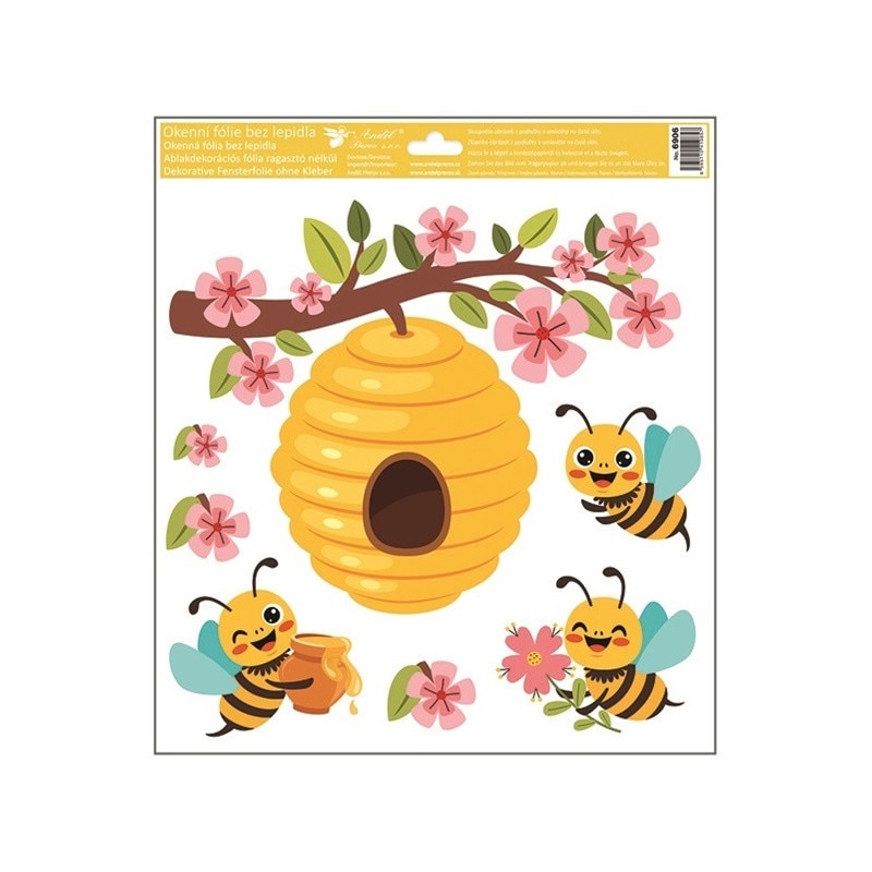 Sticker geam cu motive de primavara - albinute la stup, 30 x 33.5 cm ...