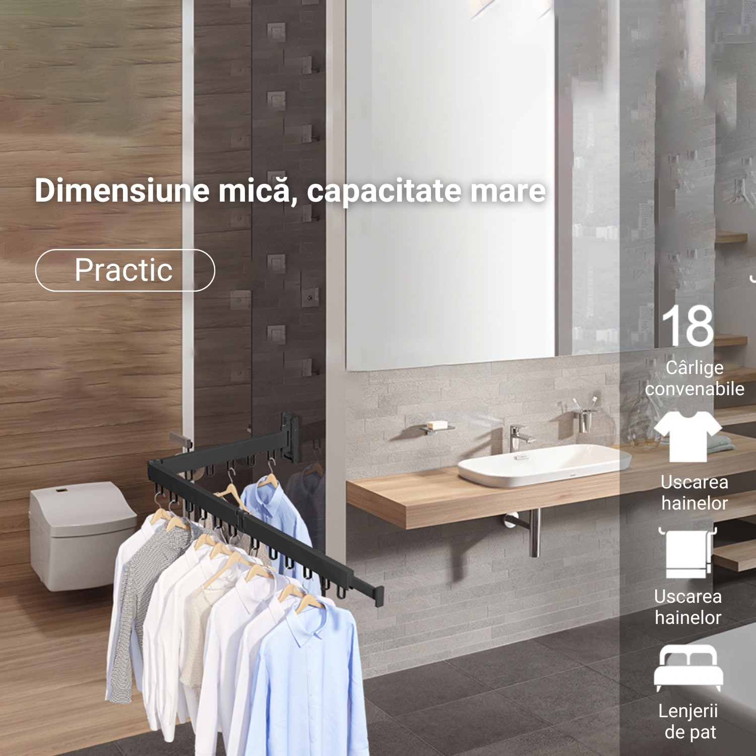 Simply Joy 114 см прибираща се поставка за сушене на дрехи с куки Лесна за инсталиране Сушилня ...