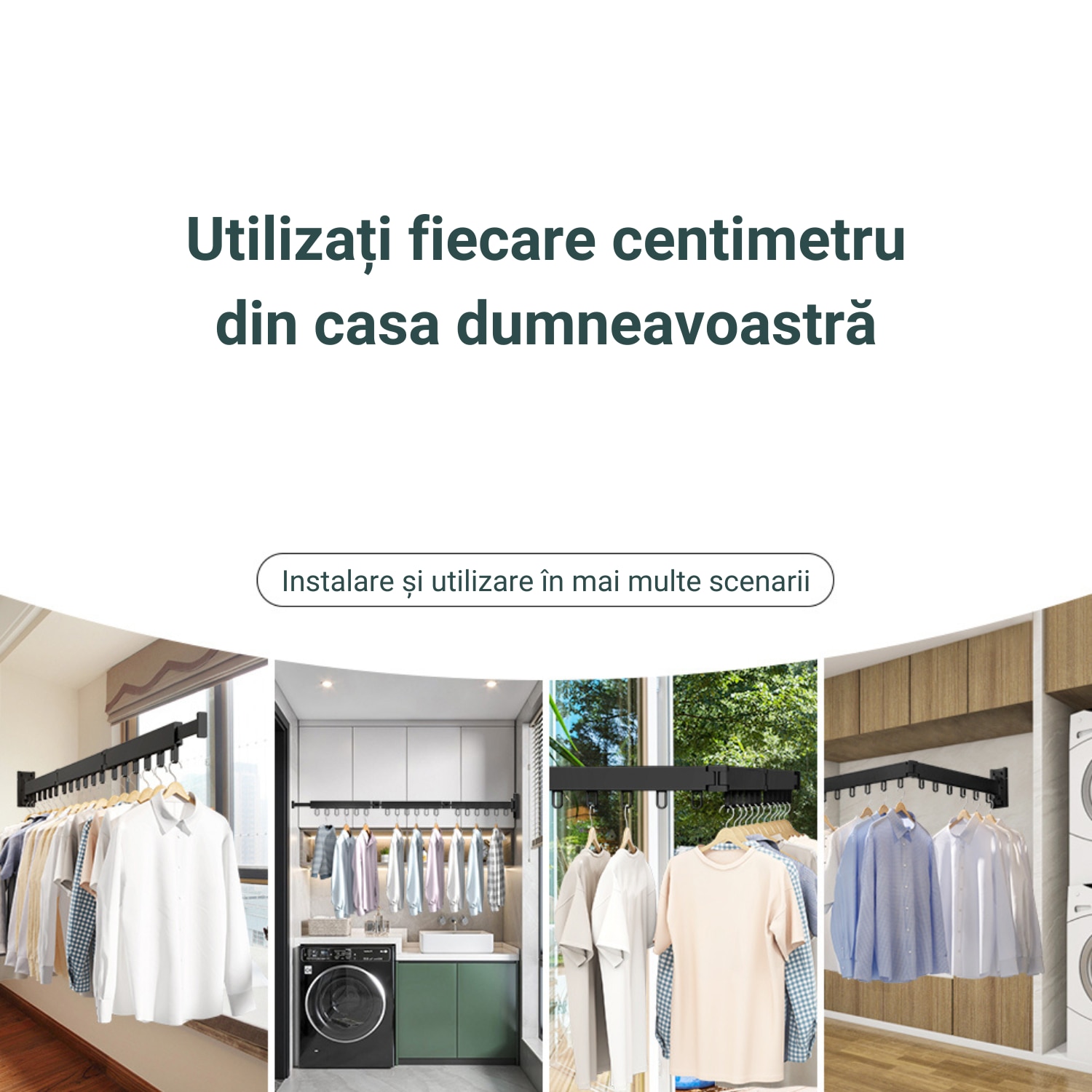 Suport de uscare pentru haine, Simply Joy, 114 cm, retractabil cu carlige, usor de instalat ...