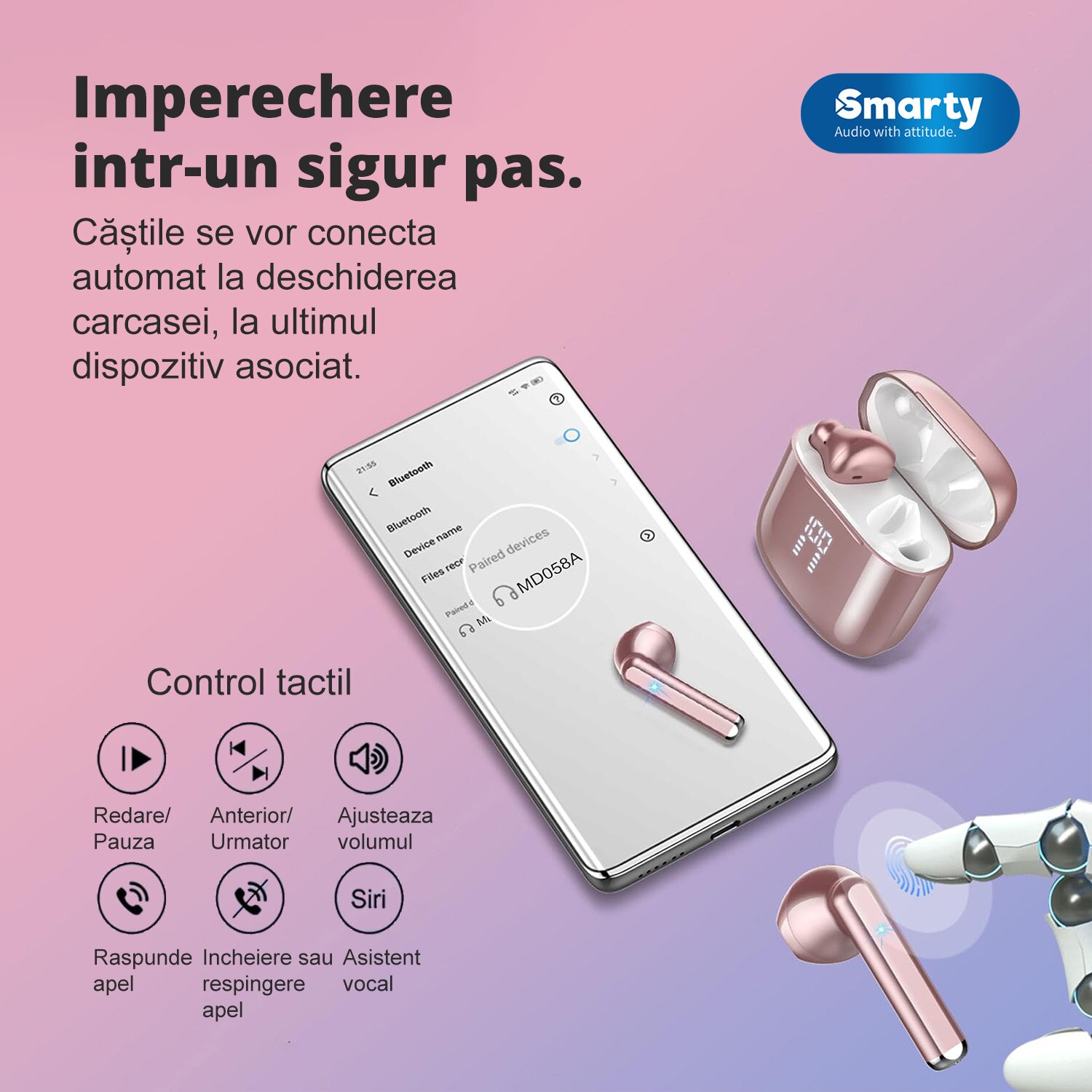 Casti audio wireless Smarty® Touch, fara fir, Bluetooth 5.3, Microfon ...