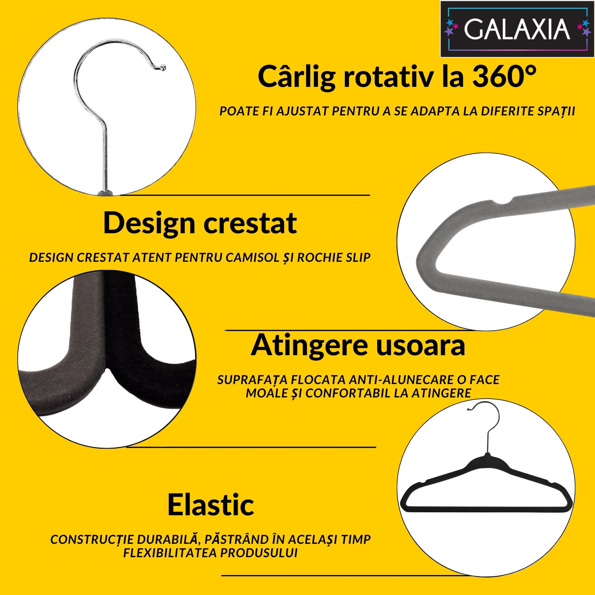 Set de 20 umerase de catifea Galaxia®, gri, cu carlig rotativ 360°, cu ...