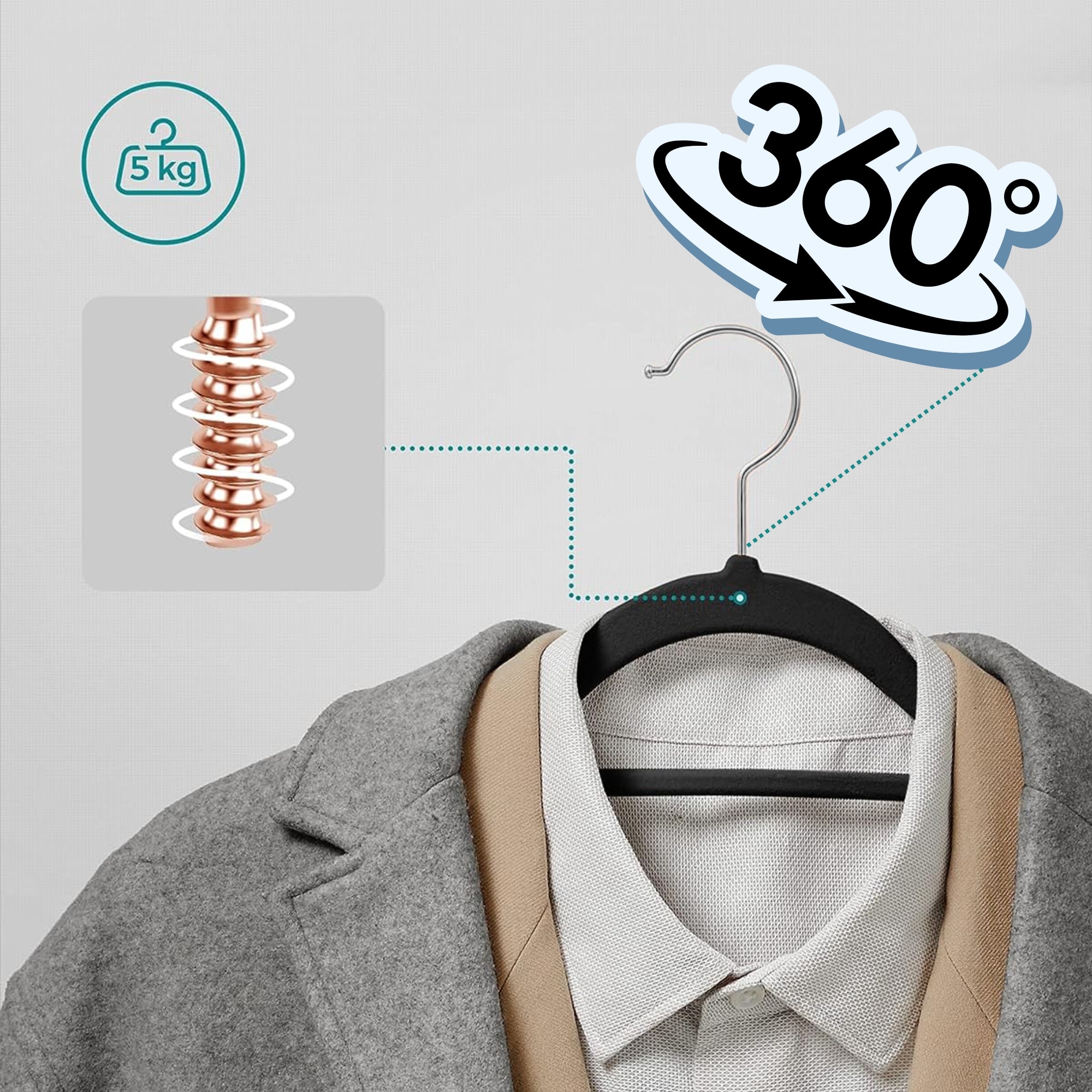 Set de 20 umerase de catifea Galaxia®, negru, cu carlig rotativ 360 ...