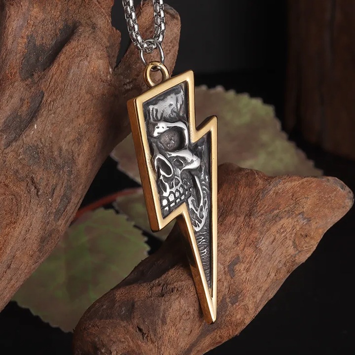 Lant cu pandantiv fulger si cap de schelet, model traznet, tematica ...