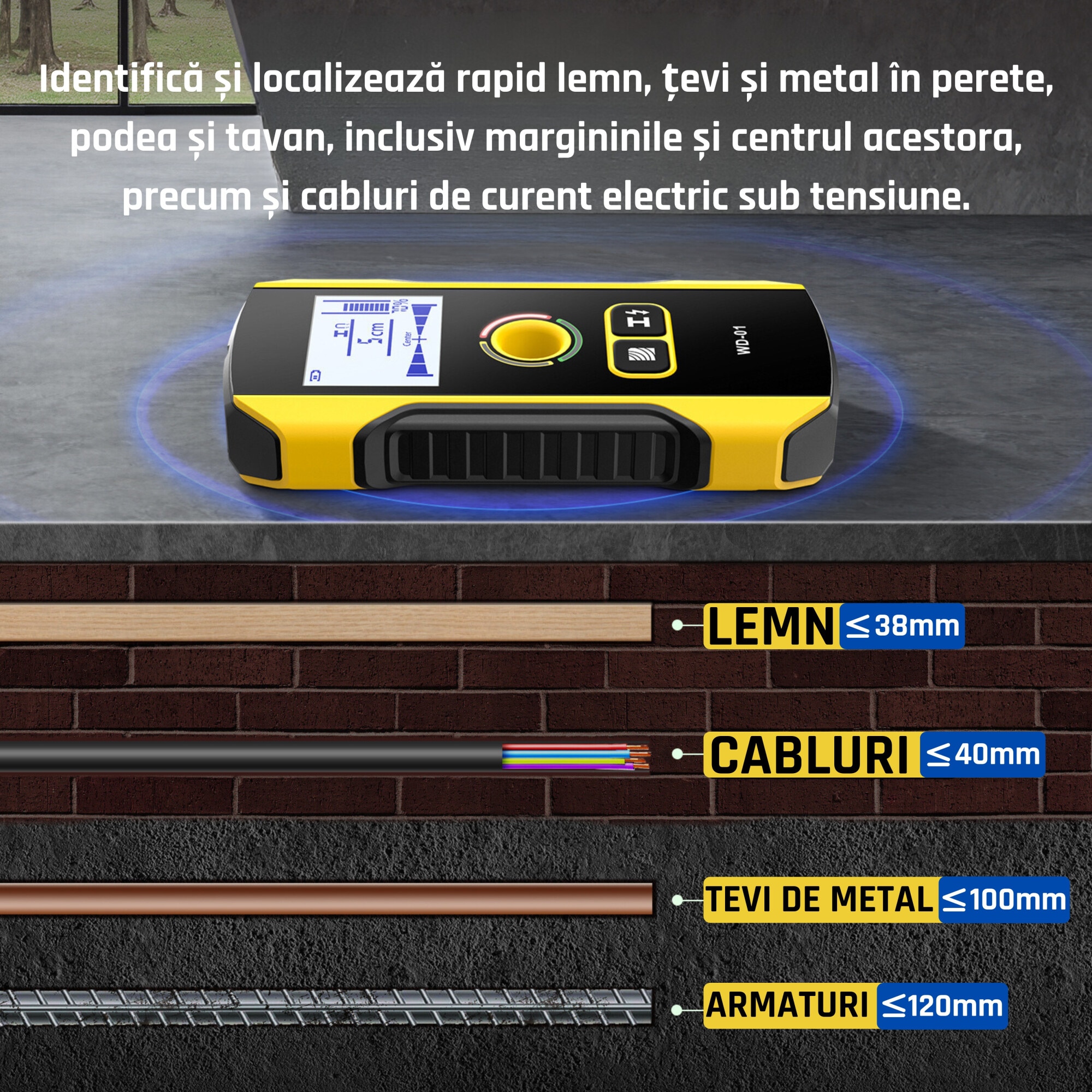Detector Digital Localizare Cabluri Lemn Tevi in Perete, TAITAVA WD-01 ...