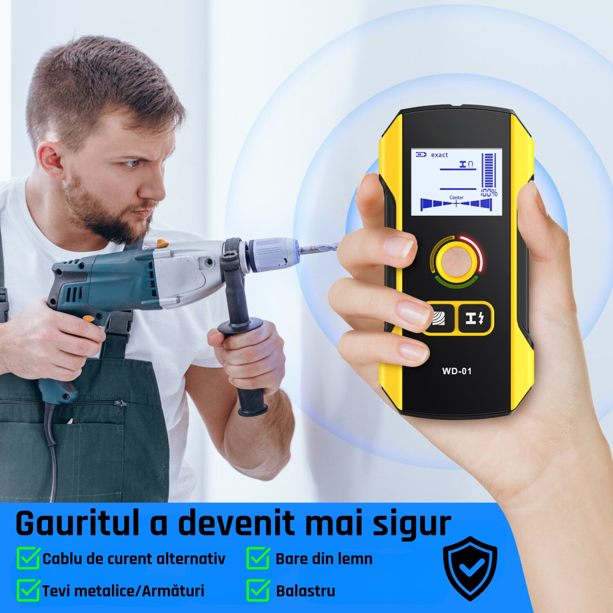 Detector Digital Localizare Cabluri Lemn Tevi in Perete, TAITAVA WD-01 ...