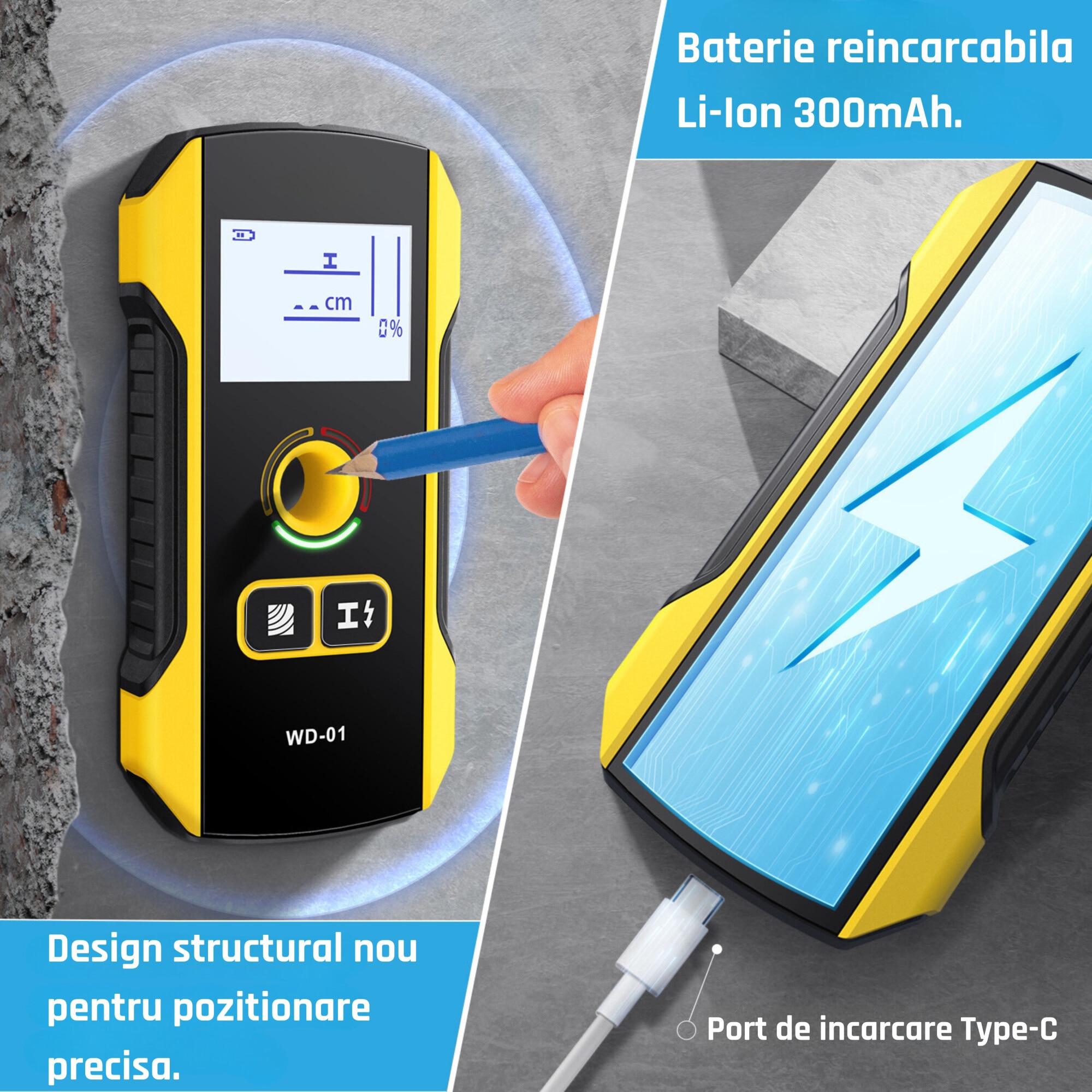 Detector Digital Localizare Cabluri Lemn Tevi in Perete, TAITAVA WD-01 ...
