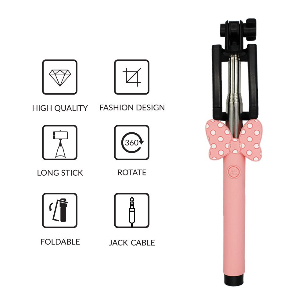 Selfie Stick cu mufa minijack de 3, 5 mm Disney, model Minnie 002 Roz ...