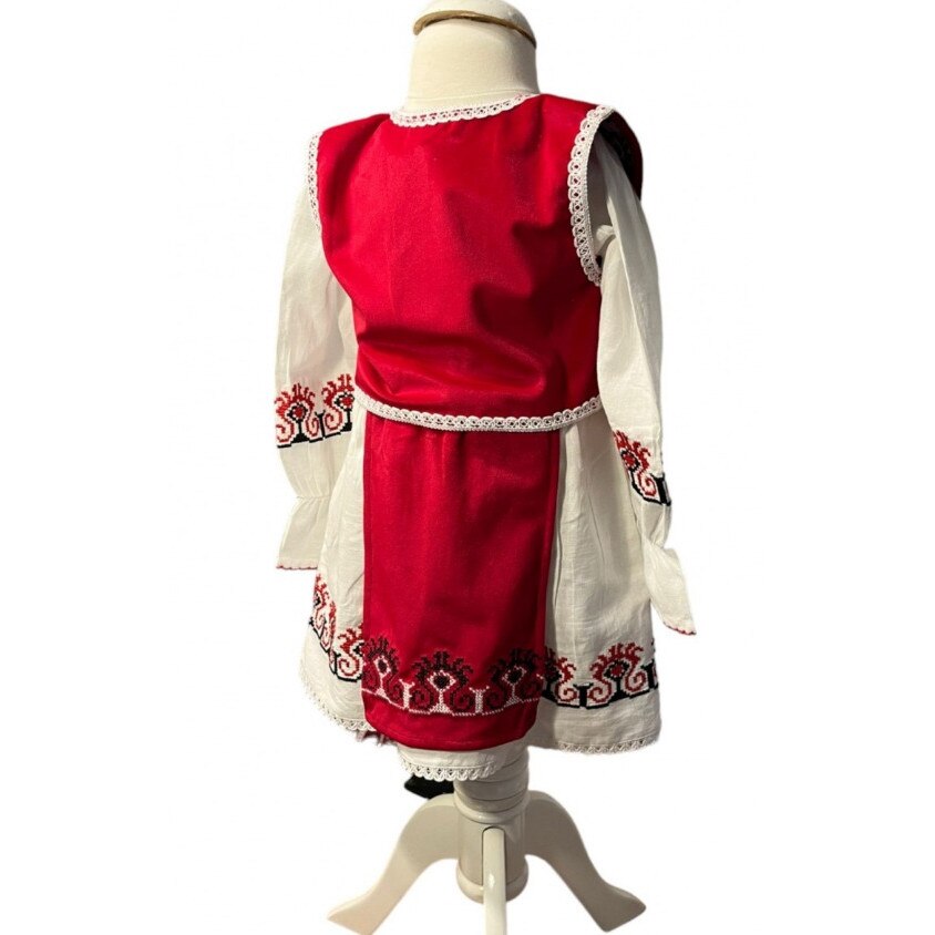 Costum popular fete, alb/rosu, 4 piese, 12-13 ani, model 2 - eMAG.ro