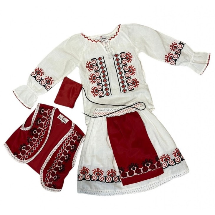 Costum popular fete, alb/rosu, 4 piese, 4-5 ani, model 2 - eMAG.ro