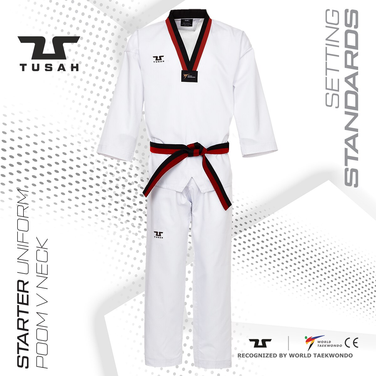 Uniforma Taekwondo WT, Tusah, Starter, alb, cu rever Poom, 140 cm - eMAG.ro