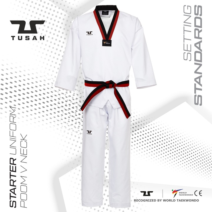 Uniforma Taekwondo WT, Tusah, Starter, alb, cu rever Poom, 150 cm - eMAG.ro