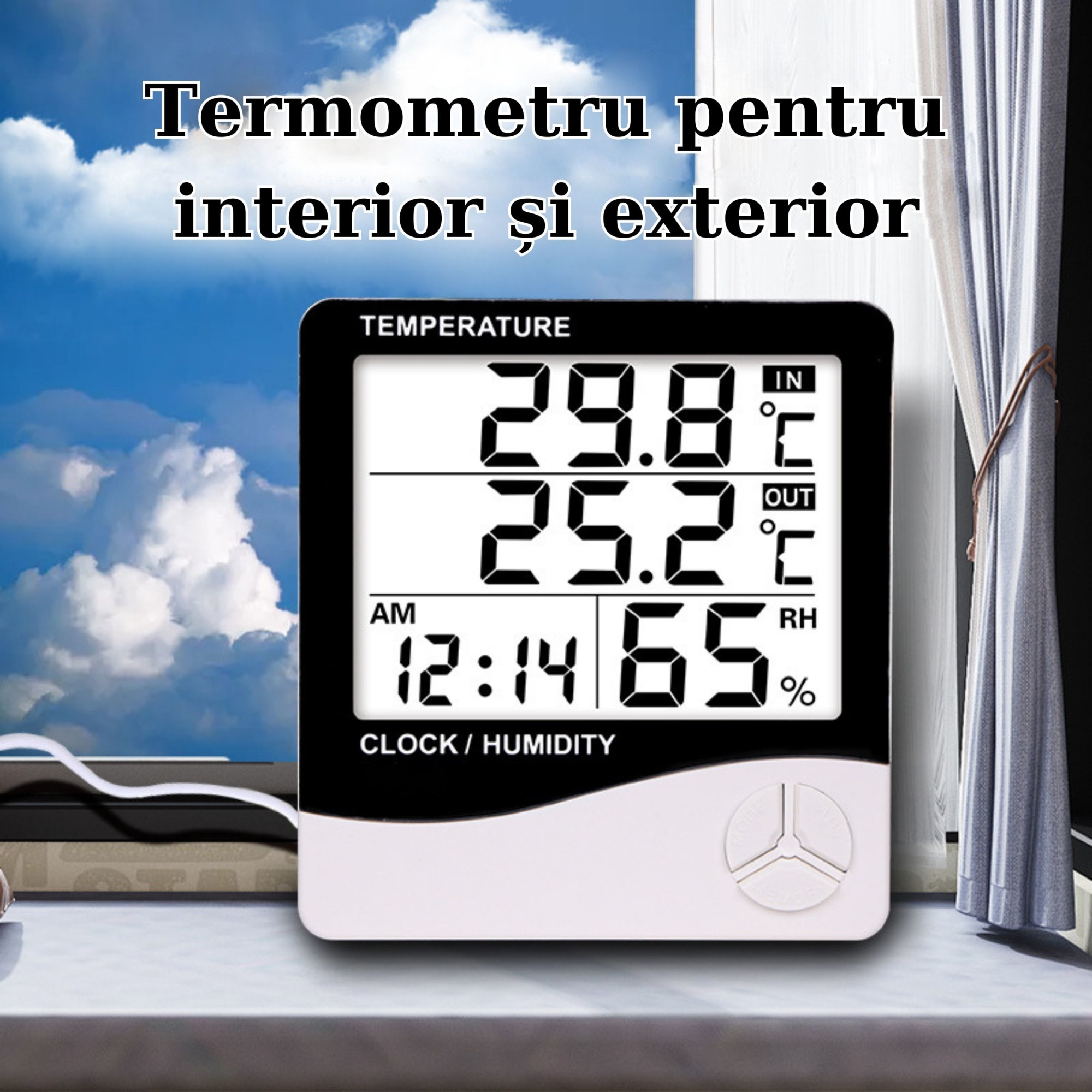 Termometru si higrometru de camera si exterior cu 1 transmitator cu fir ...